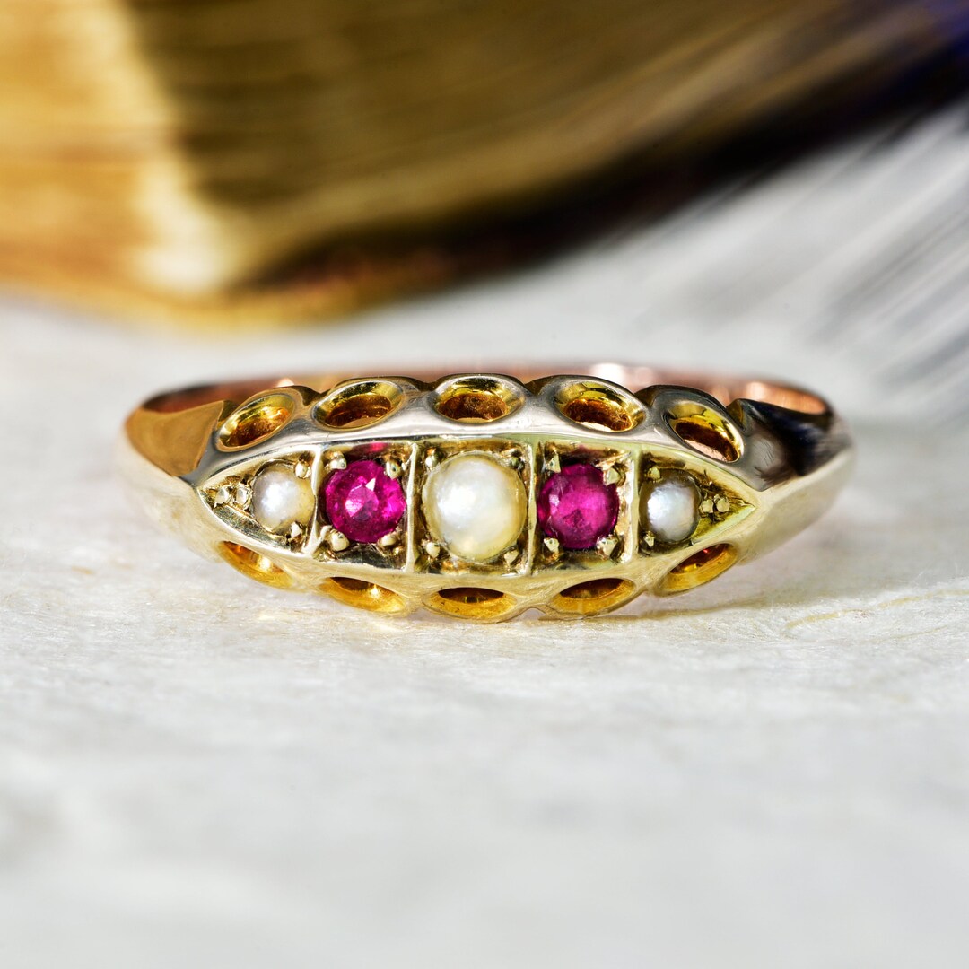 The Antique 1911 Pearl and Ruby Boat Ring - Etsy