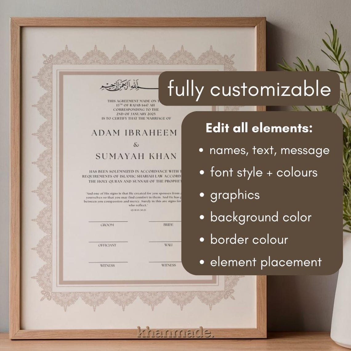 Custom Nikkah Certificate Template, Printable Islamic Wedding Contract ...