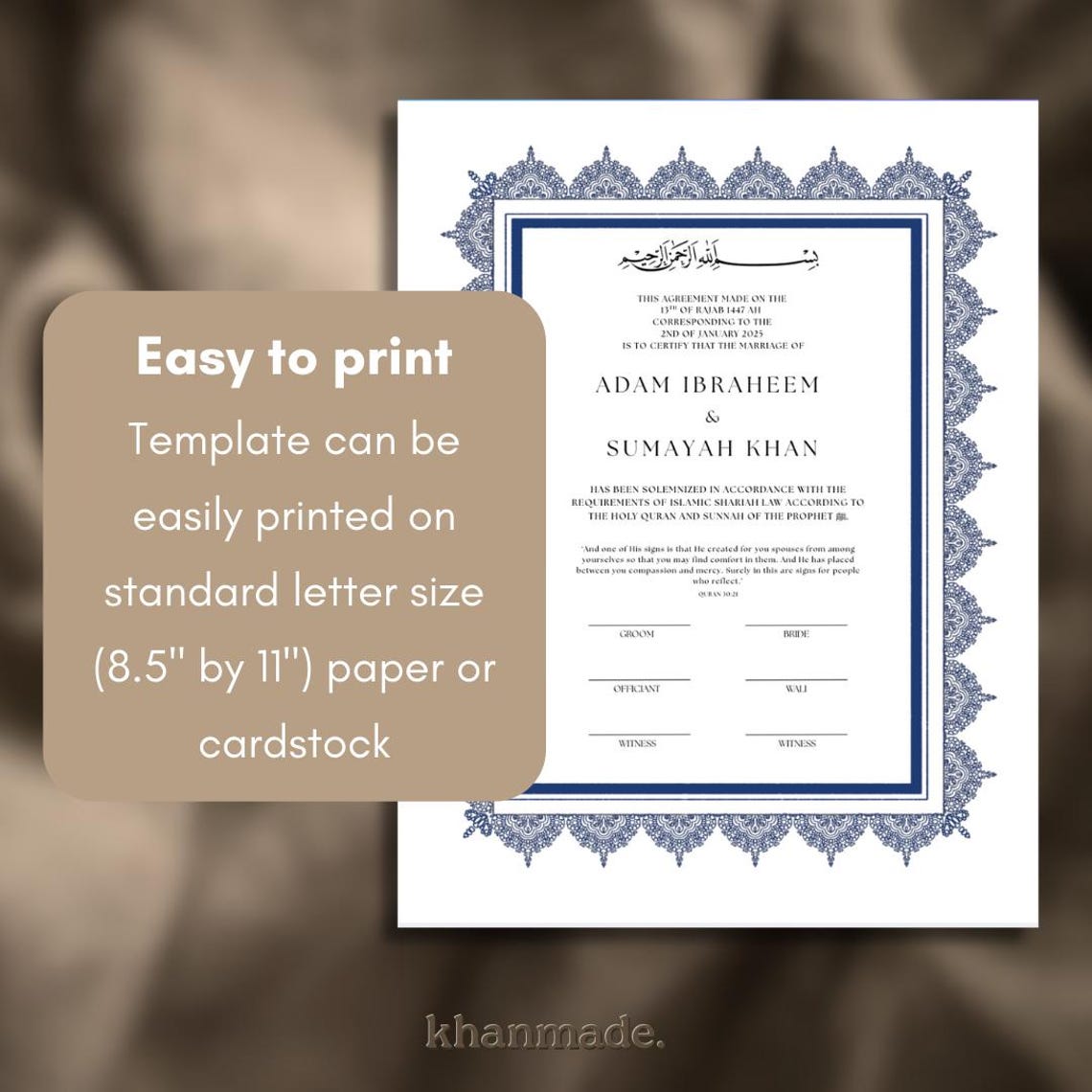Custom Nikkah Certificate Template, Printable Islamic Wedding Contract ...