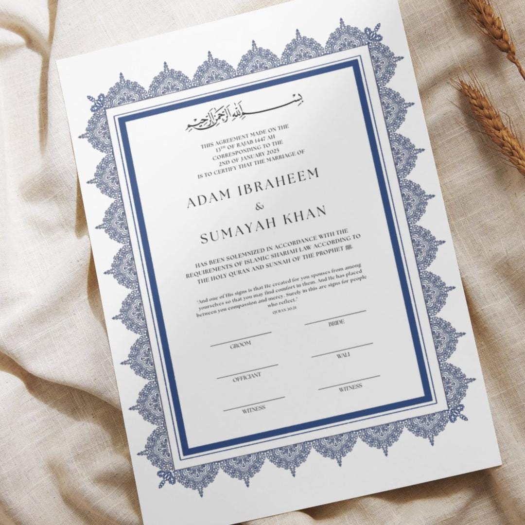 Custom Nikkah Certificate Template, Printable Islamic Wedding Contract ...