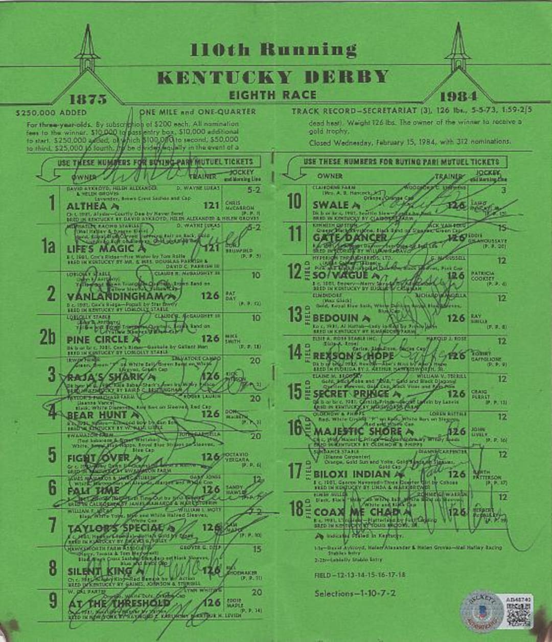 1984 Kentucky Derby Program Swale Signed by All Riders Beckett ...