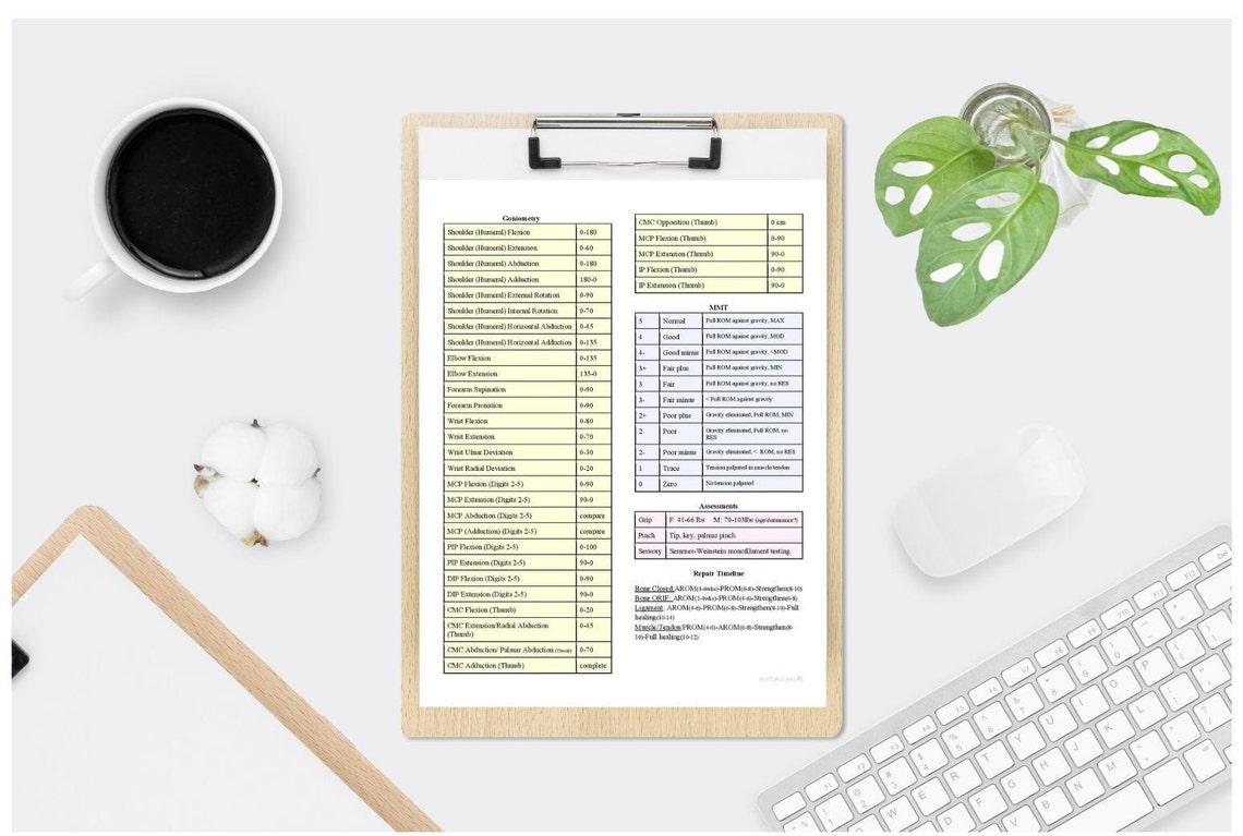 Hand Therapy Reference Cheat Sheet (ROM, MMT, Goniometry, Occupational ...