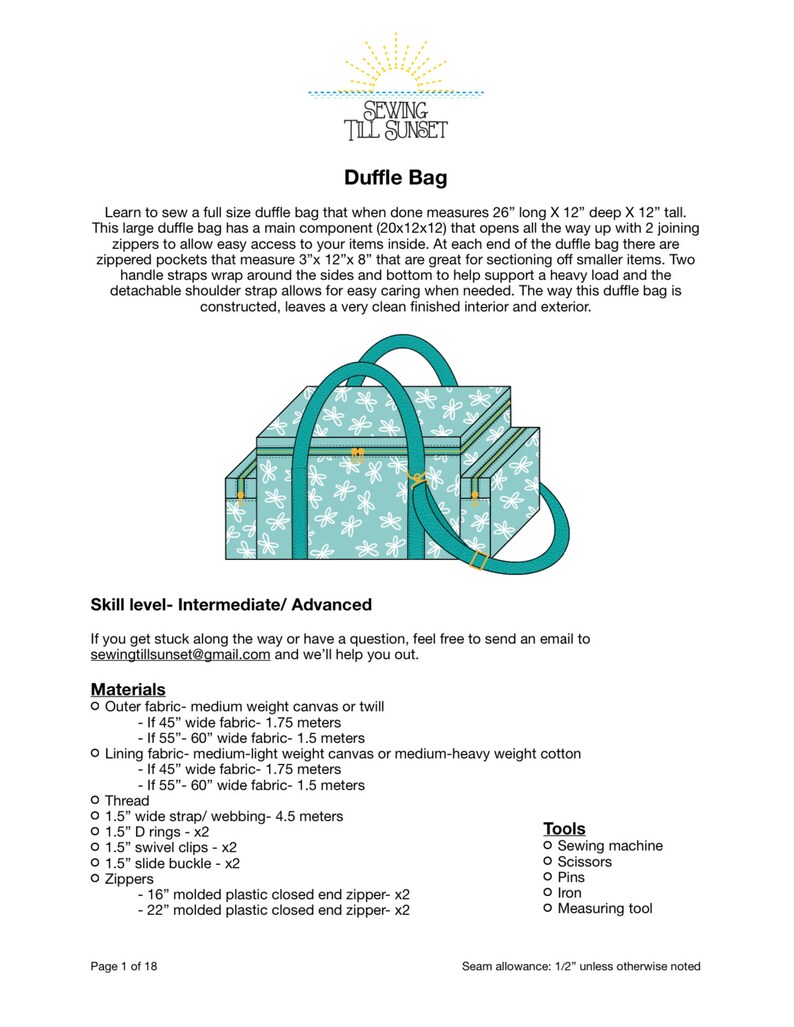 Duffle Bag - 2 Sizes- PDF Sewing Pattern- Intermediate Sewing Project ...