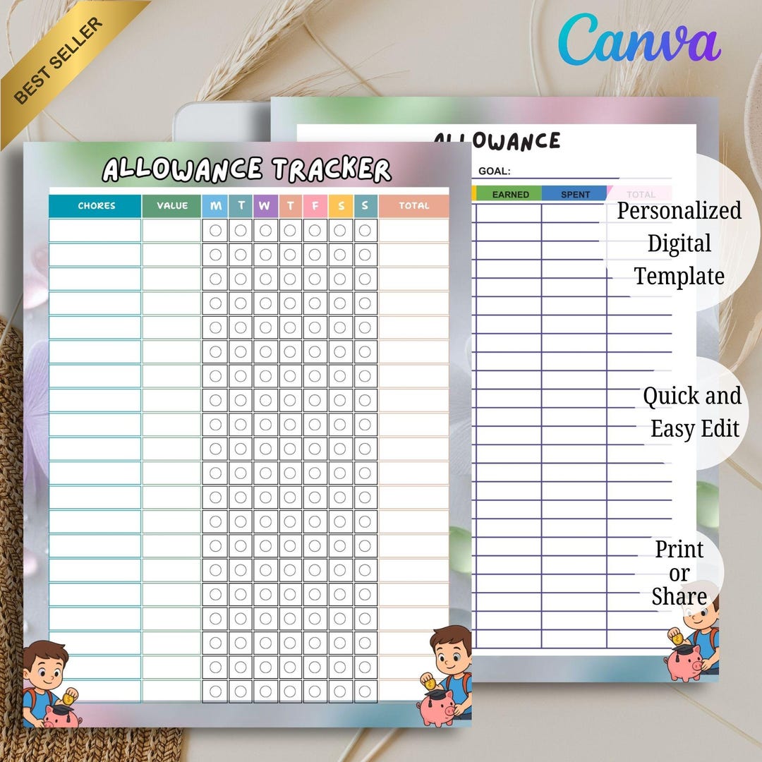 Kids Allowance Chart Printable, Money Tracker for Kids, Weekly ...
