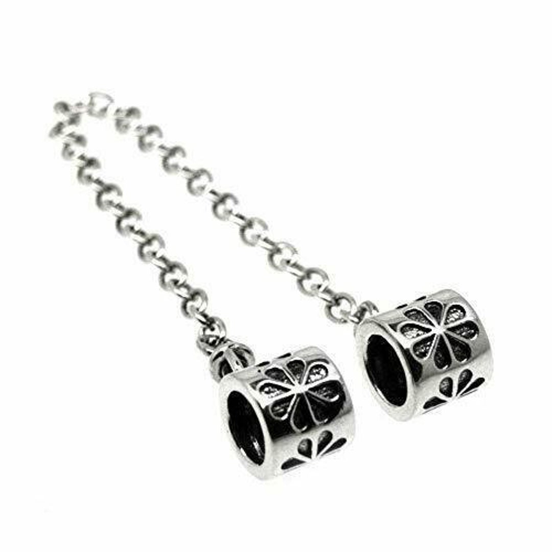 Floral Safety Chain With Threaded End Beads. Solid 925 Sterling Silver ...