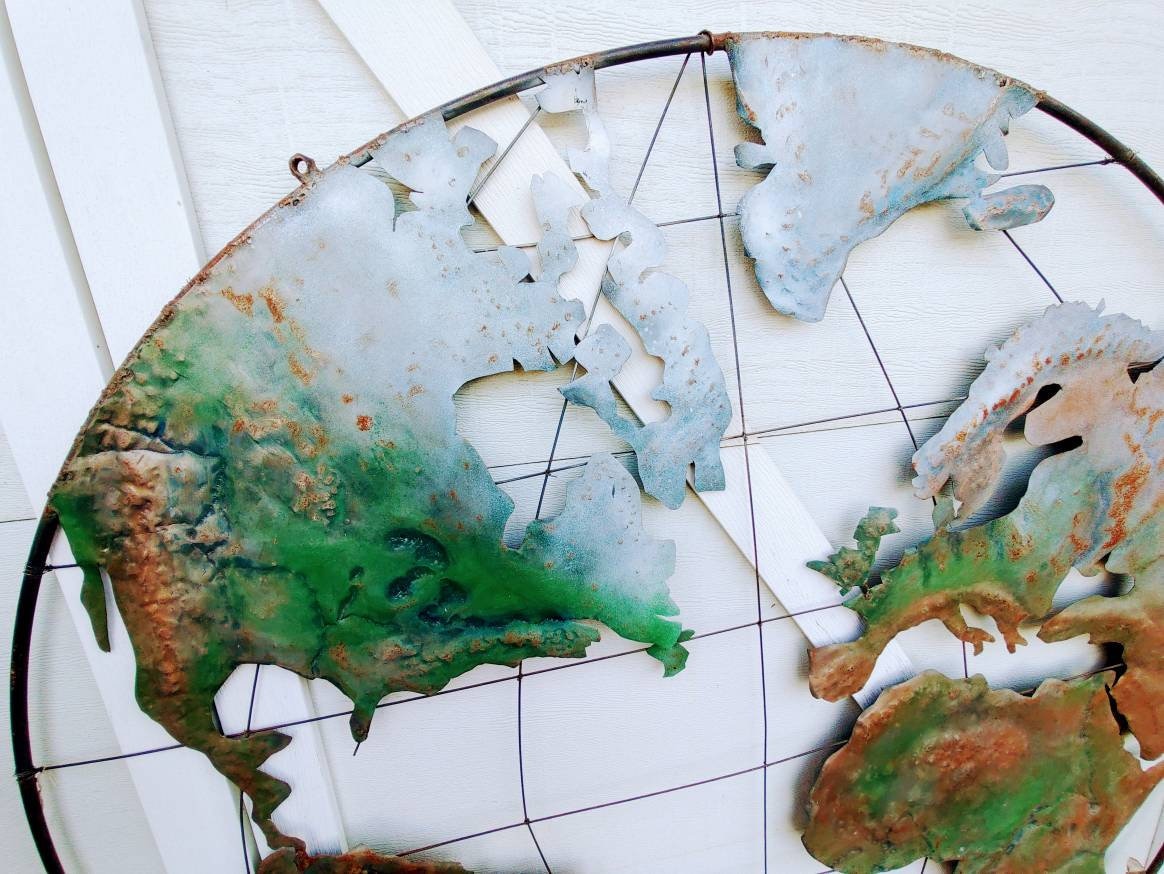 World Globe Metal Art Topographical Map Brutalist Wall Sculpture ...