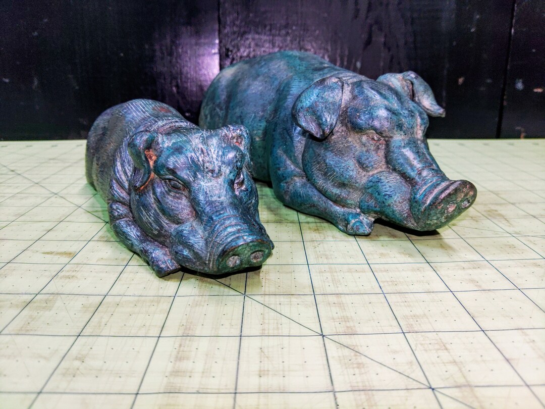 2 Vintage Cast Bronze Pig Sculptures With Antiqued Patina 12.5in Sow ...