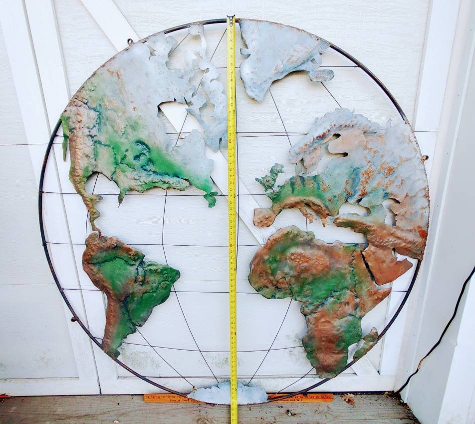 World Globe Metal Art Topographical Map Brutalist Wall Sculpture ...