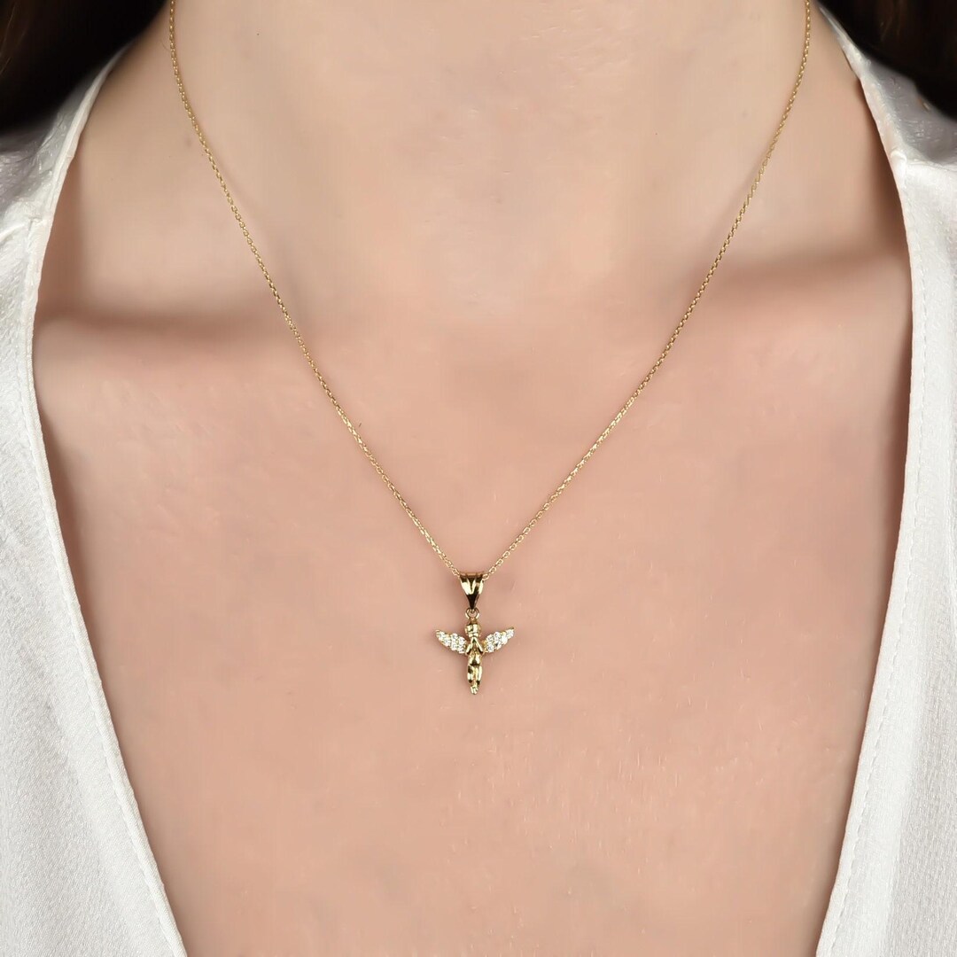 14K Solid Gold Angel Pendant Necklace - Minimalist Religious Jewelry - Etsy