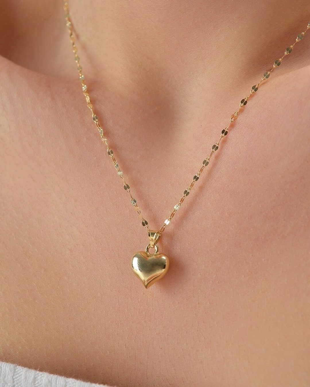 14k Gold Heart Necklace, Real Solid Gold Minimalist Heart Pendant ...