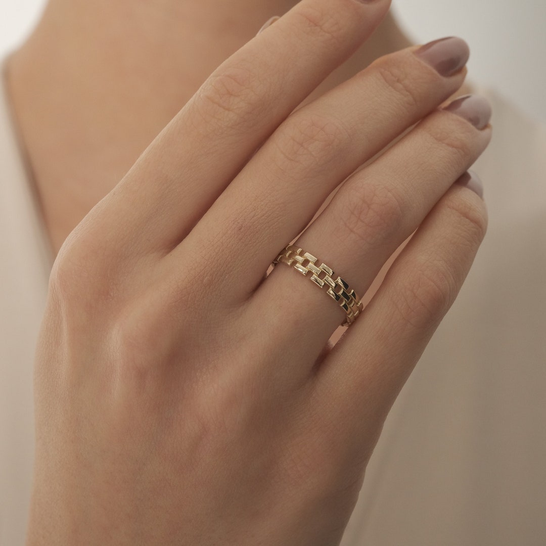 Chain 14k Solid Gold Ring, Minimalist Geometric Chain Ring, Cube Chain ...