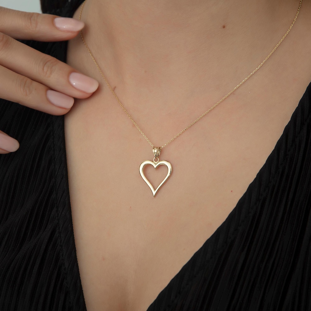14K Real Gold Open Heart Necklace Women, Open Heart Shaped Charm ...