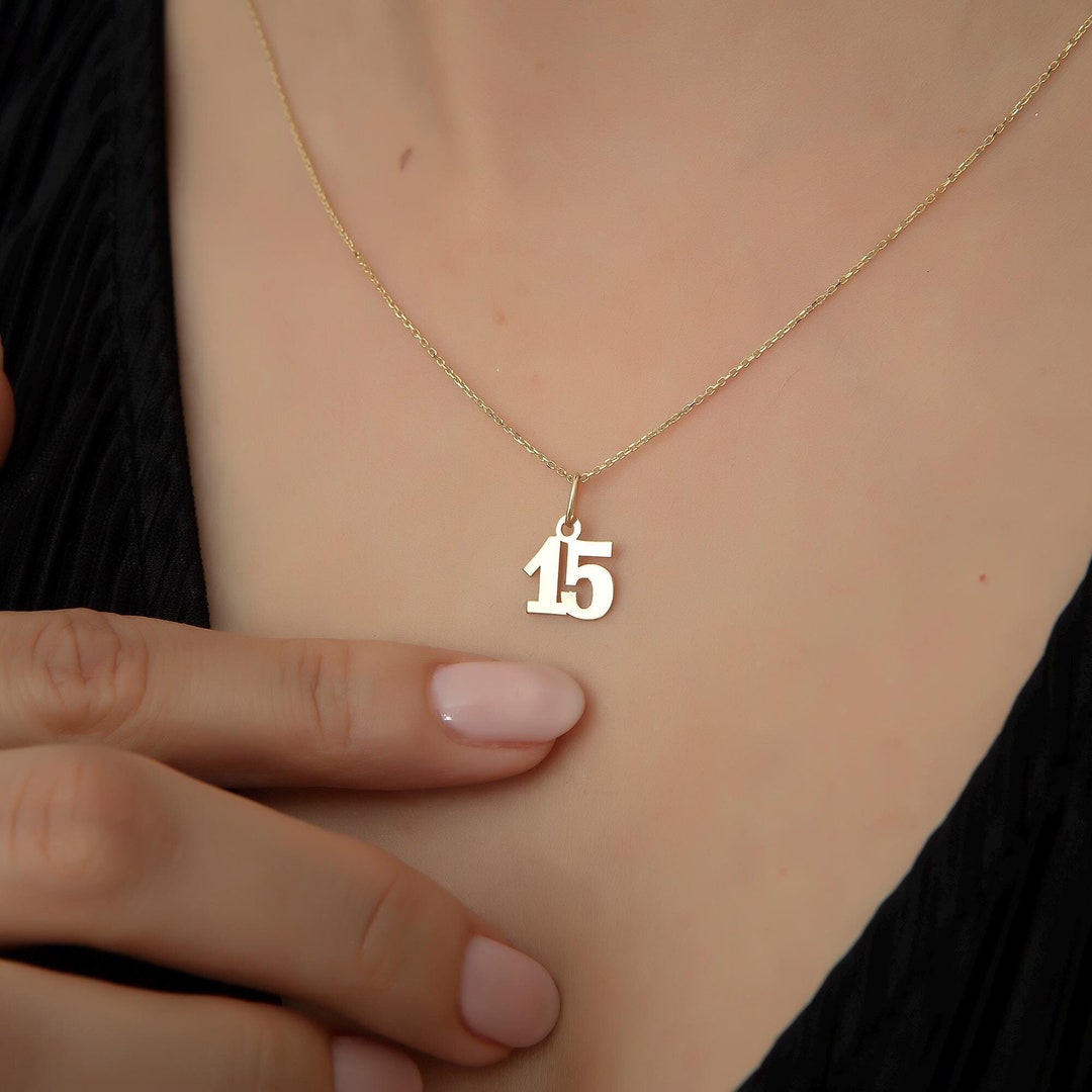 14K Solid Gold Custom Number Necklace, Personalized Number Pendant ...