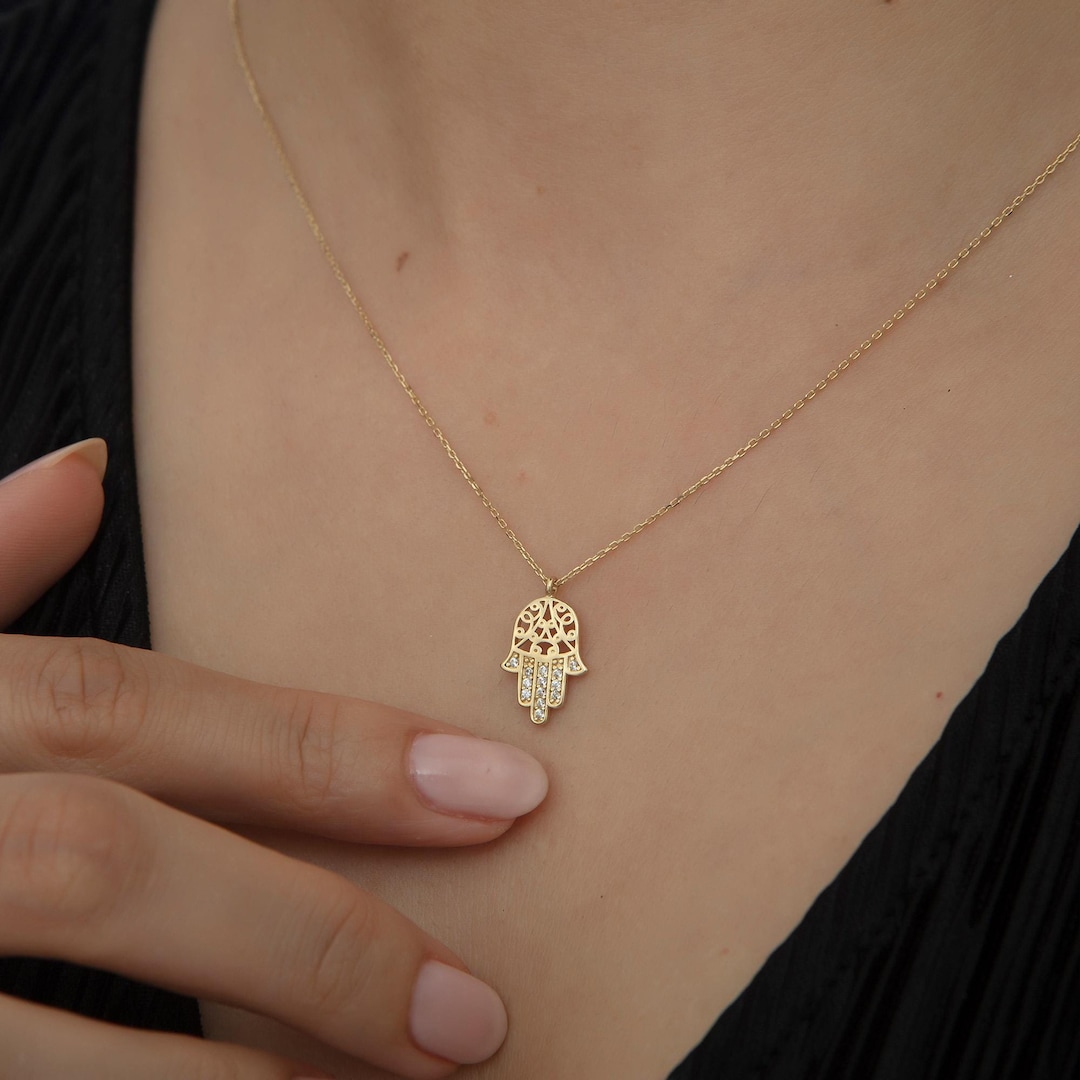 14k Gold Dainy Hamsa Necklace, Solid Gold Hamsa Pendant, Mini Hamsa ...