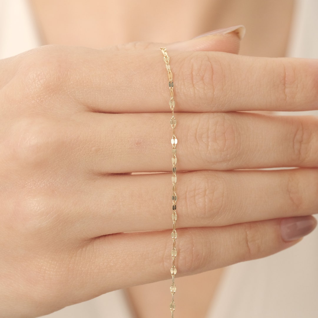 14k Solid Gold Chain Bracelet, Sequin Faceted Bracelet, Dainty Bracelet ...
