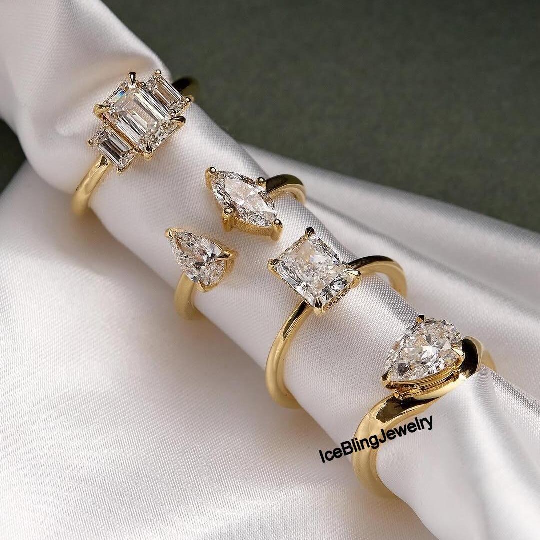 Off Set Diamond Horizontal 2CT Pear Cut Curved Band Ring, Emerald Cut ...
