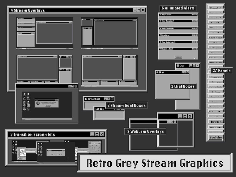 Retro Streaming Graphics / ANIMATED Scenes / Grey / Twitch Overlay ...