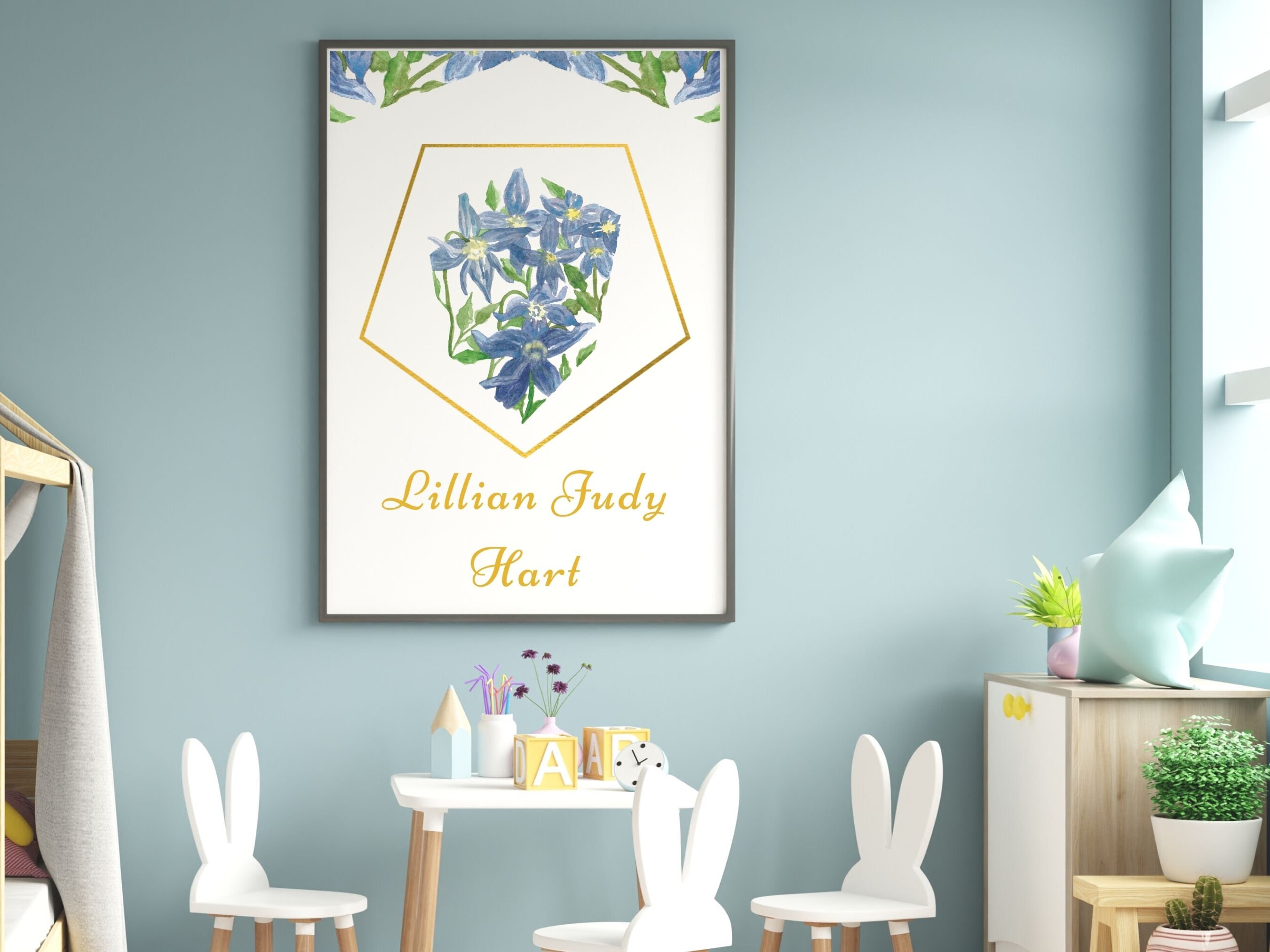Blue Flower Name Decor - Personalized Nursery Name Print - French ...