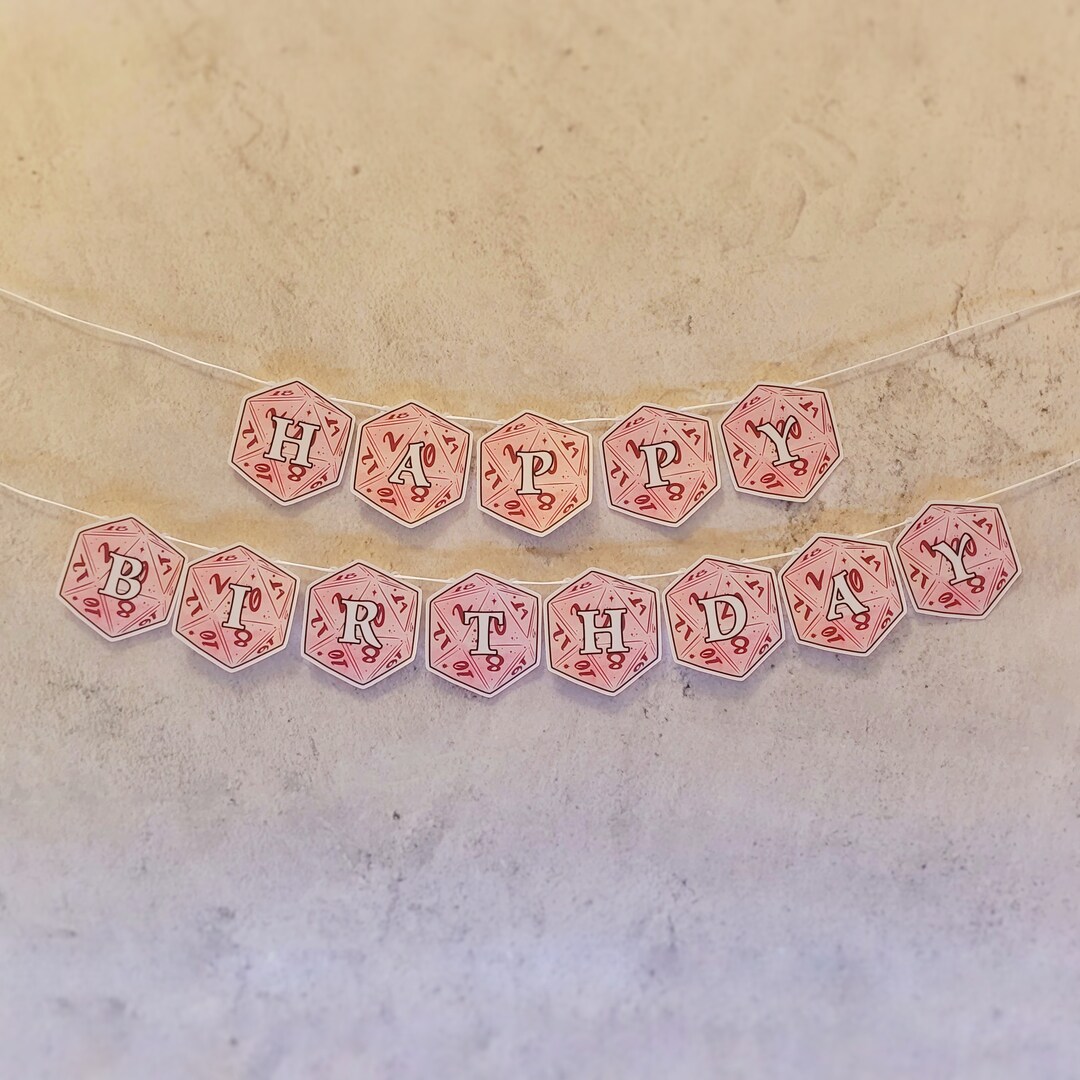 Pink D20 Happy Birthday Banner, Bunting for D&D or Board Game Party or ...