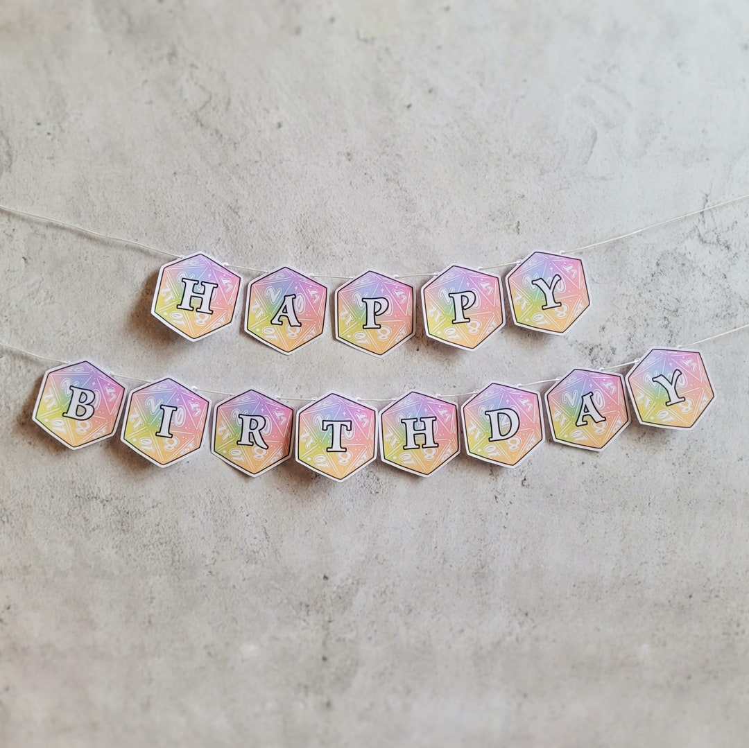 Rainbow D20 Happy Birthday Banner, Bunting for D&D or Board Game Party ...