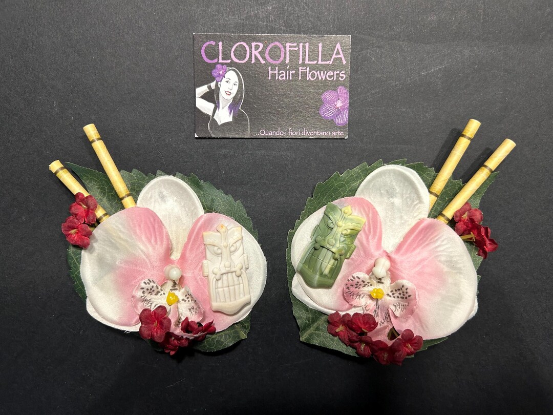 Tiki Orchids Hair Flowers With Tiki Mask - Luau - Hawaiian Party ...