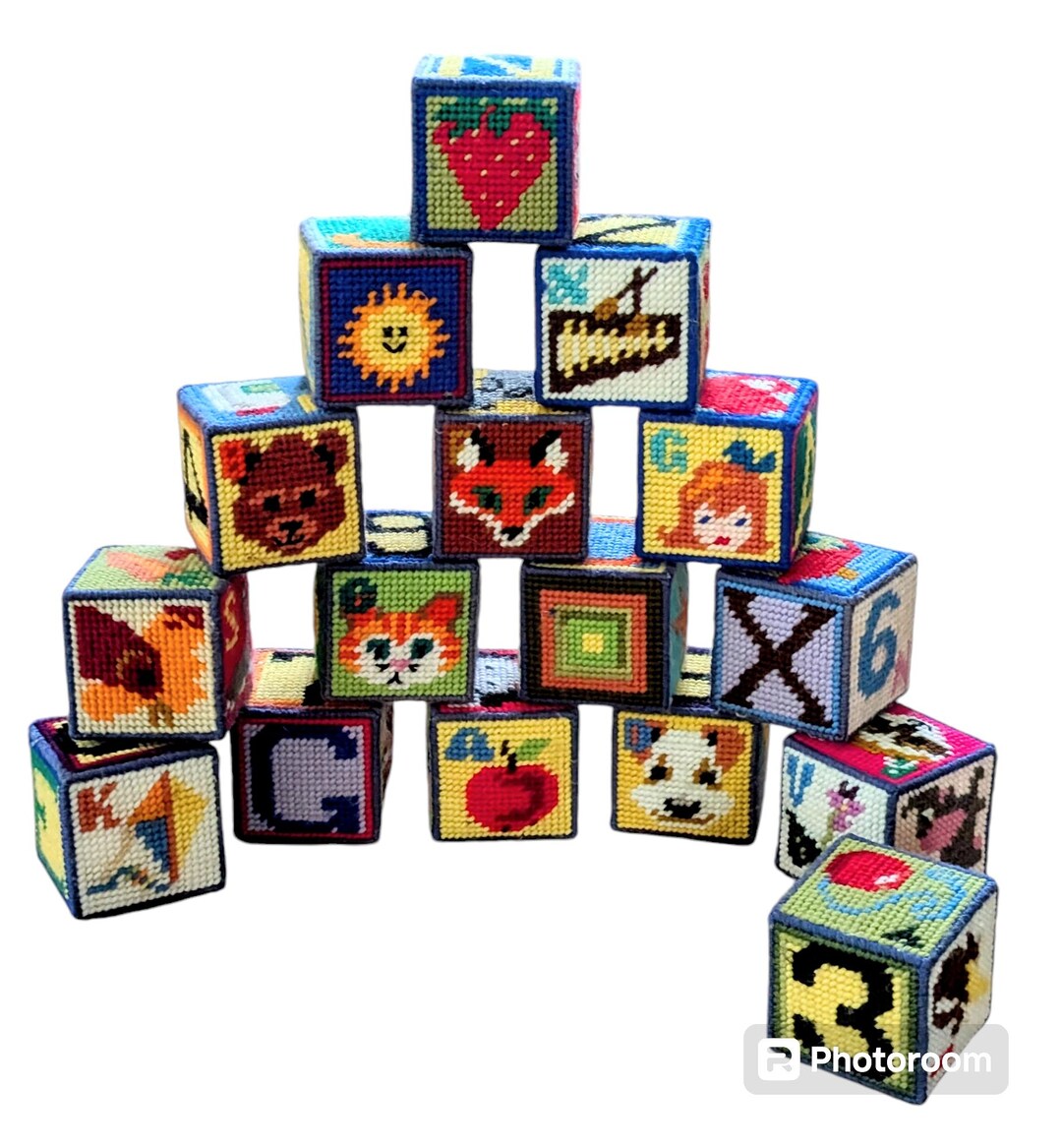 16 Vintage 1970's Handmade Baby Block Yarn Needlepoint Plastic Canvas ...