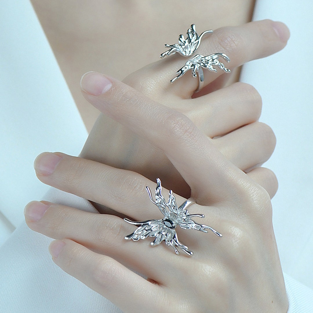 Sterling Silver Butterfly Liquid Ring, Y2K Futuristic Silver Ring, Big ...