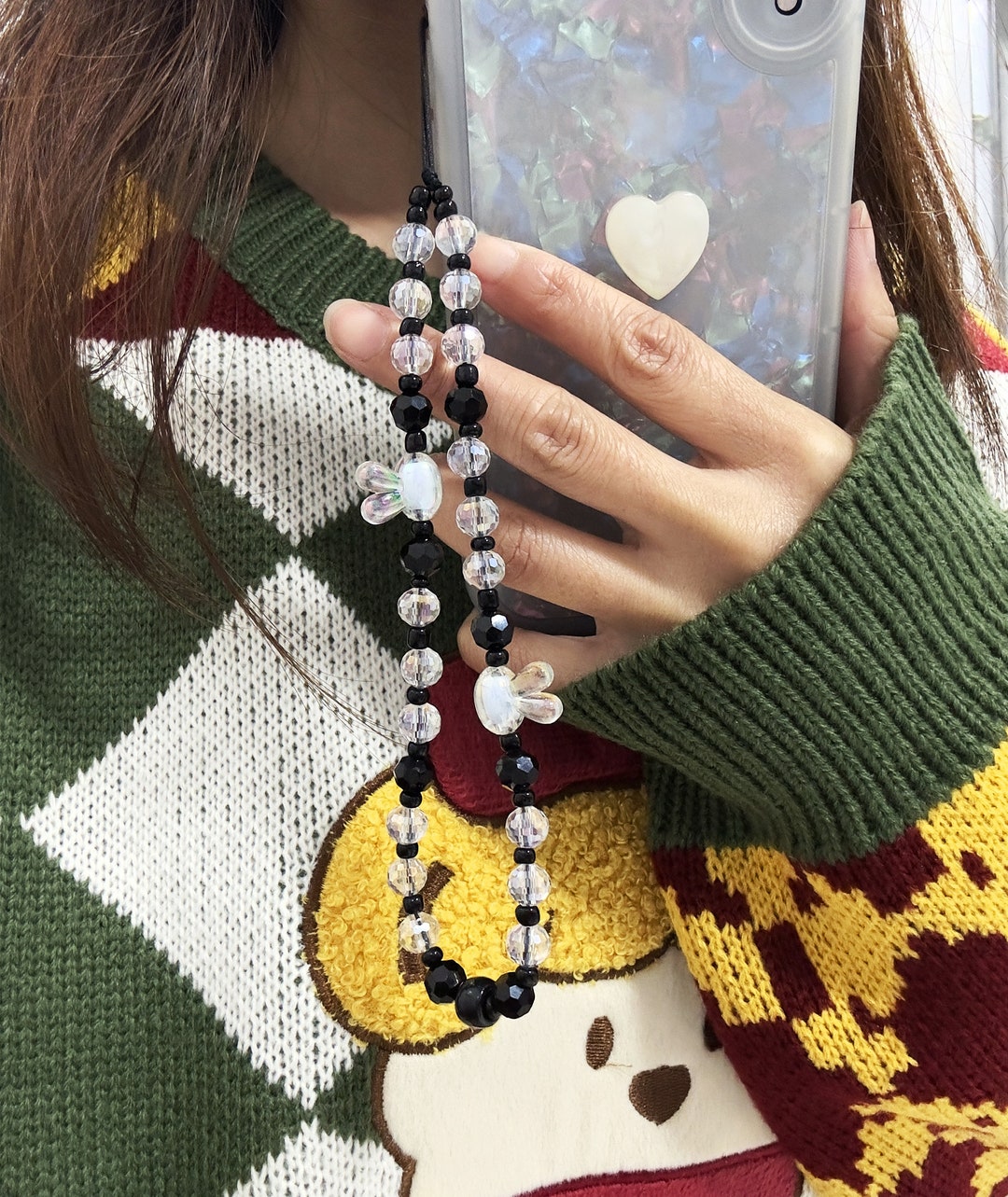 Bunny Beaded Phone Charm, Crystal Cell Phone Chain, Dainty Phone Strap ...