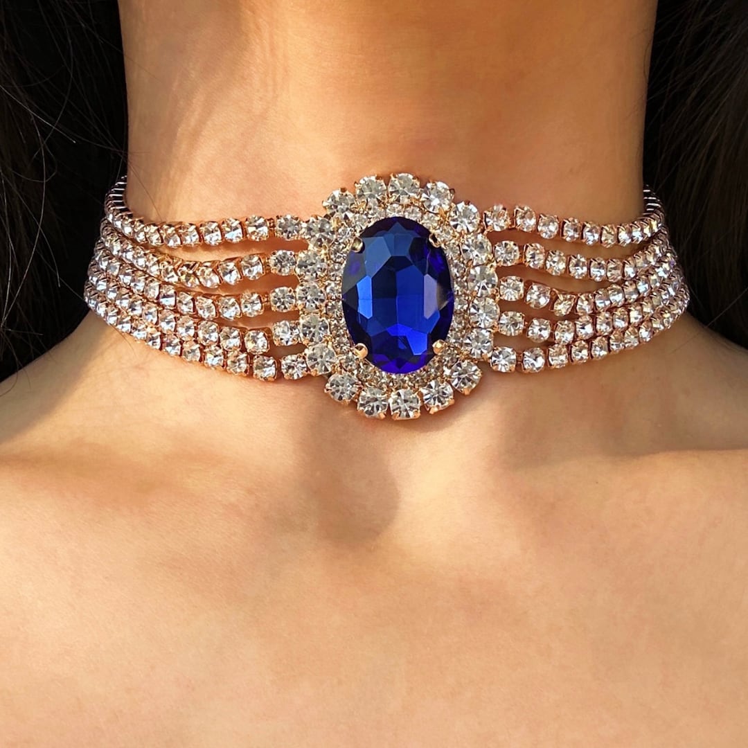 Sapphire Blue Rhinestone Choker, Oval Shape Gem Choker Necklace ...