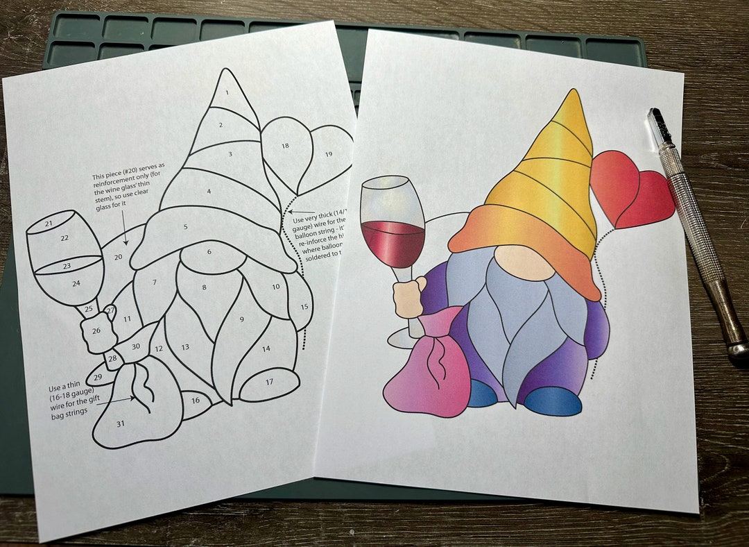 Digital PDF Stained Glass Pattern Valentine Gnome With Wine Glass, Gift ...