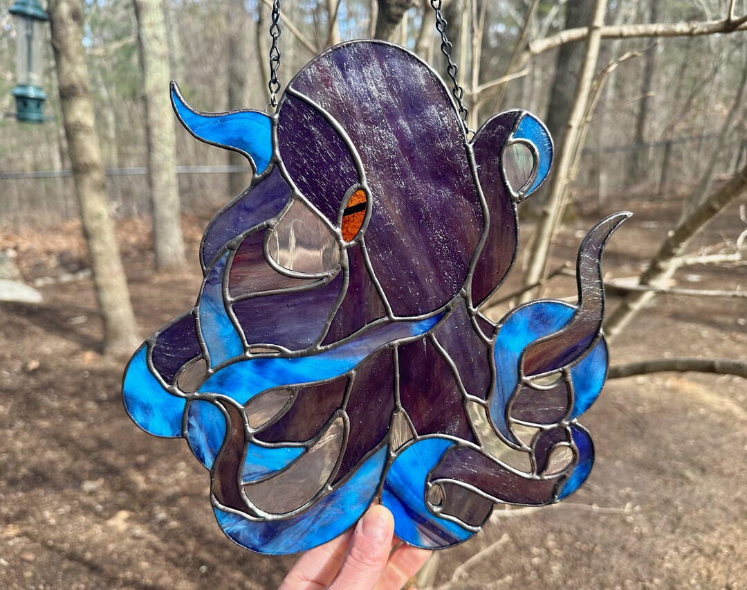 Octopus Stained Glass Suncatcher Purple and Blue Octopus Panel - Etsy