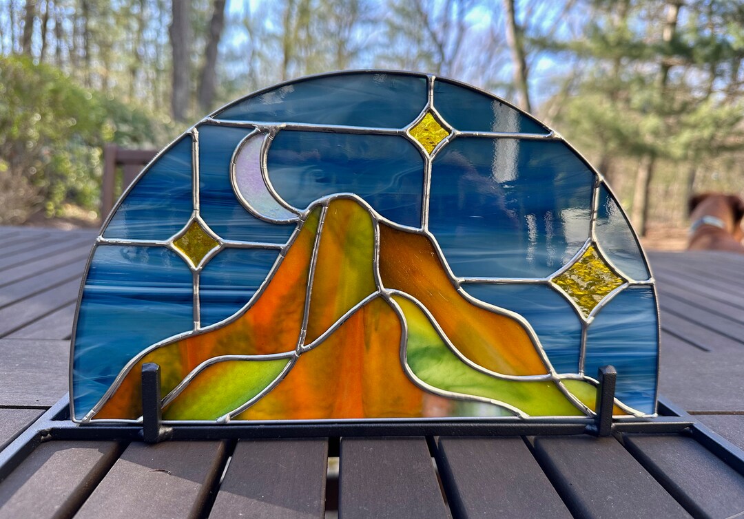 Semi-circle Celestial Panel With Night Sky and Autumn Mountains Stained ...