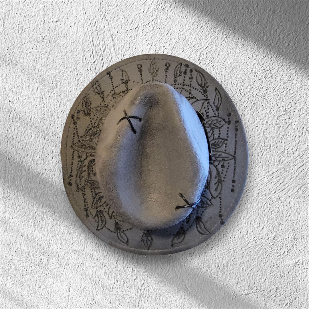 Burned Fedora- Grey Distressed With Mandala and Feathers - Etsy