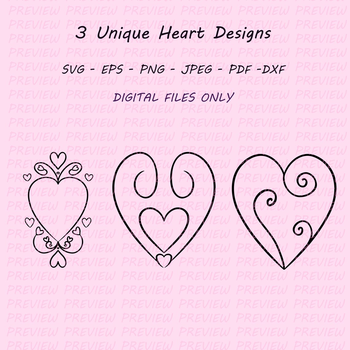 3 Unique Heart Designs, PNG, Hand Drawn Heart, Open Heart, Doodle Heart ...