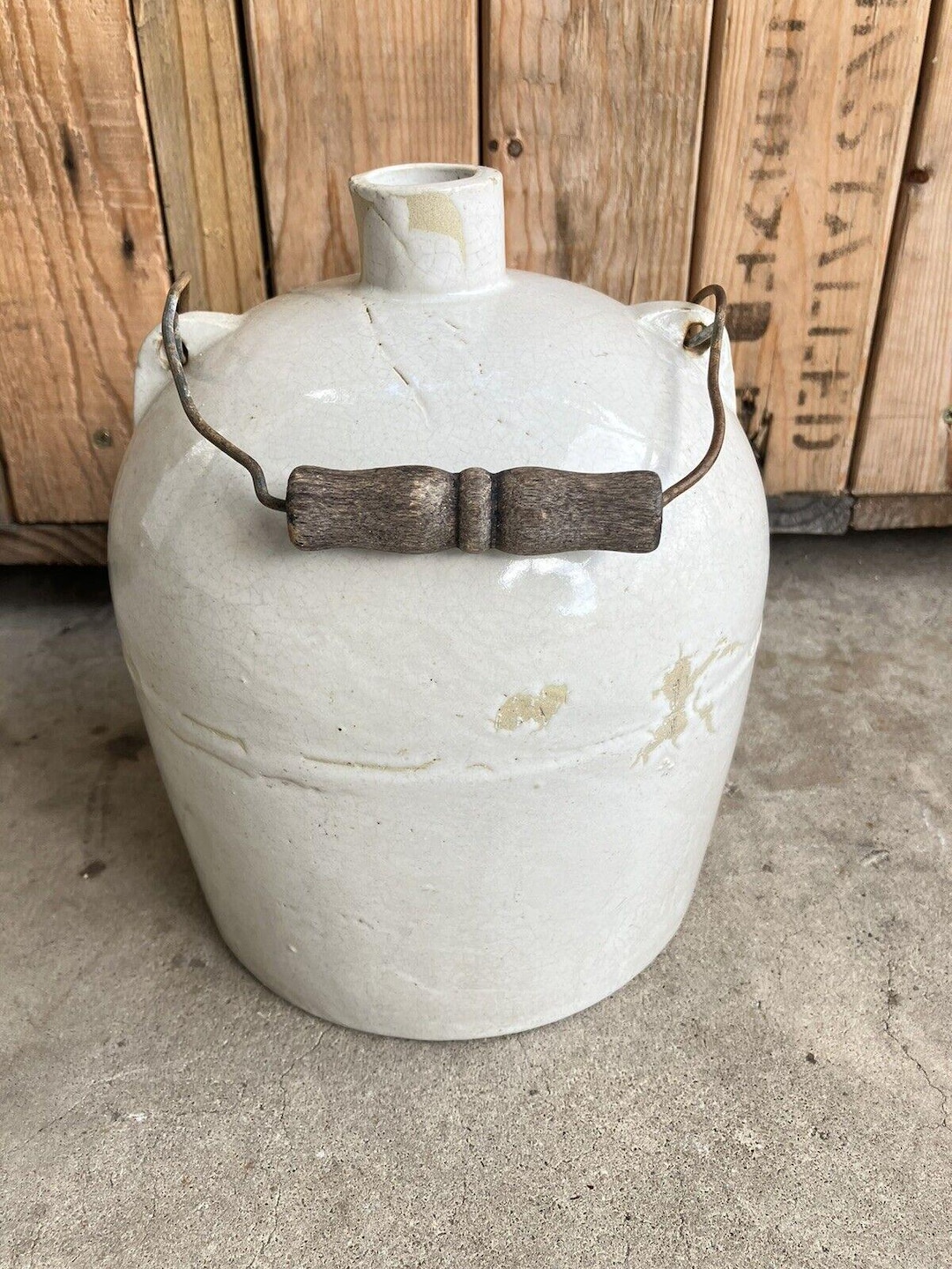 Antique Stoneware Jug W/ Bail Wood & Wire Handle Whiskey/ Chemical ...