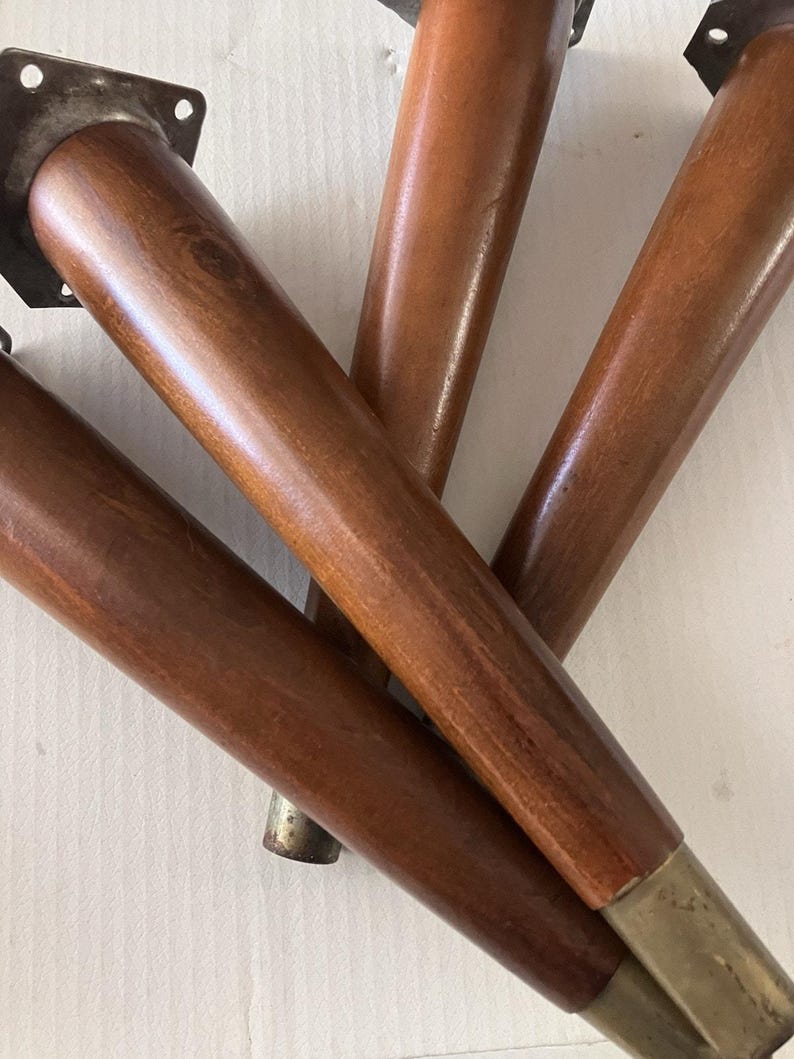 4 Vintage Wood Tapered Legs Brass Cap Tip - 10 Inch - MCM Furniture ...