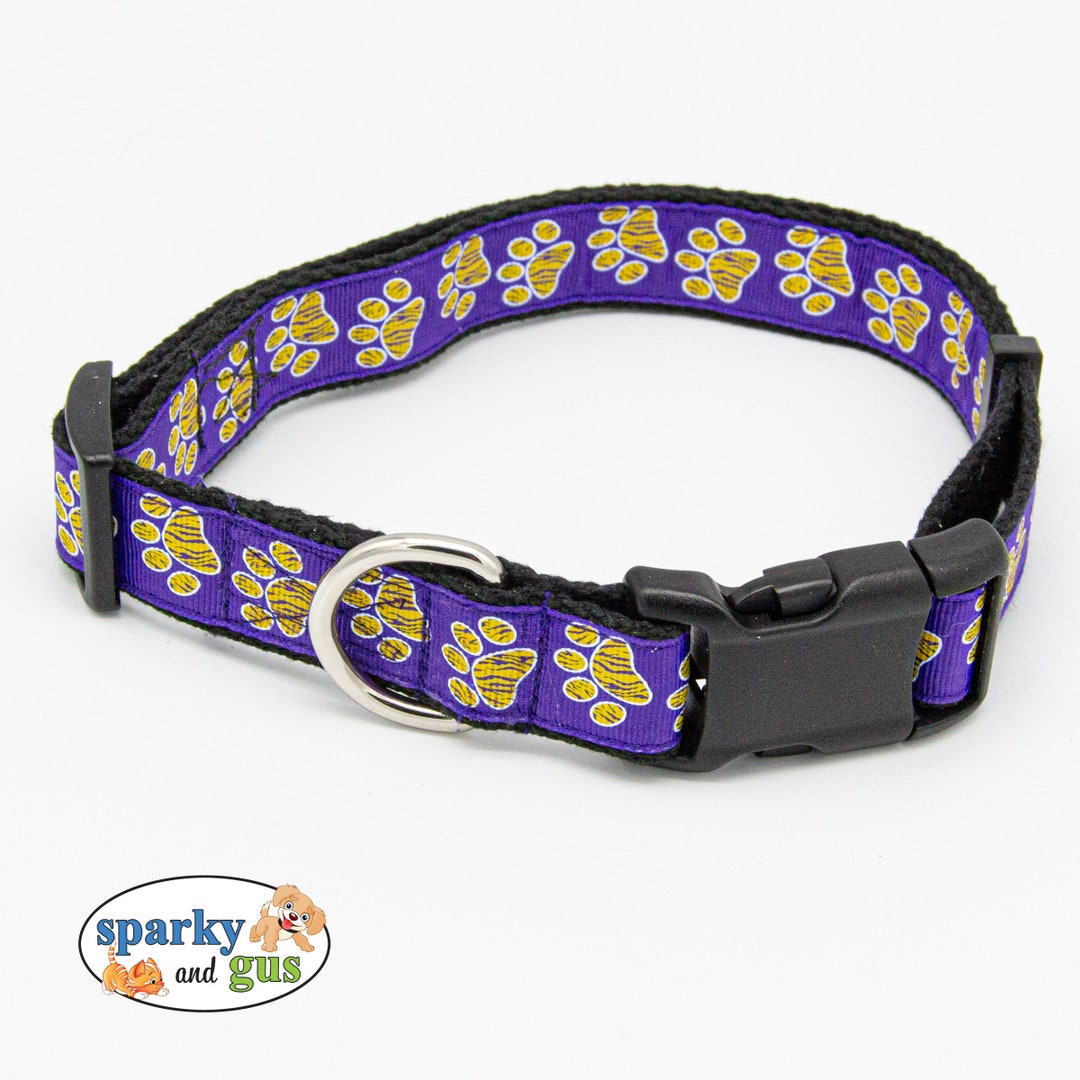 Dog Collar | Football Inspired Gold Tiger Paws on Purple| 1" Adjustable ...