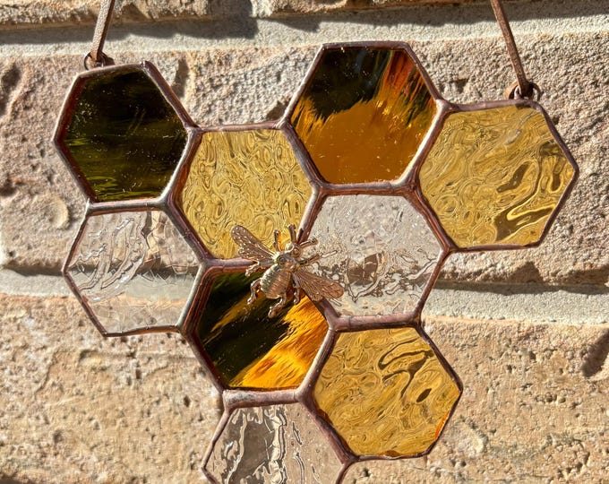 Stained Glass Gold and Yellow Honeycomb Sun Catcher, Stained Glass ...