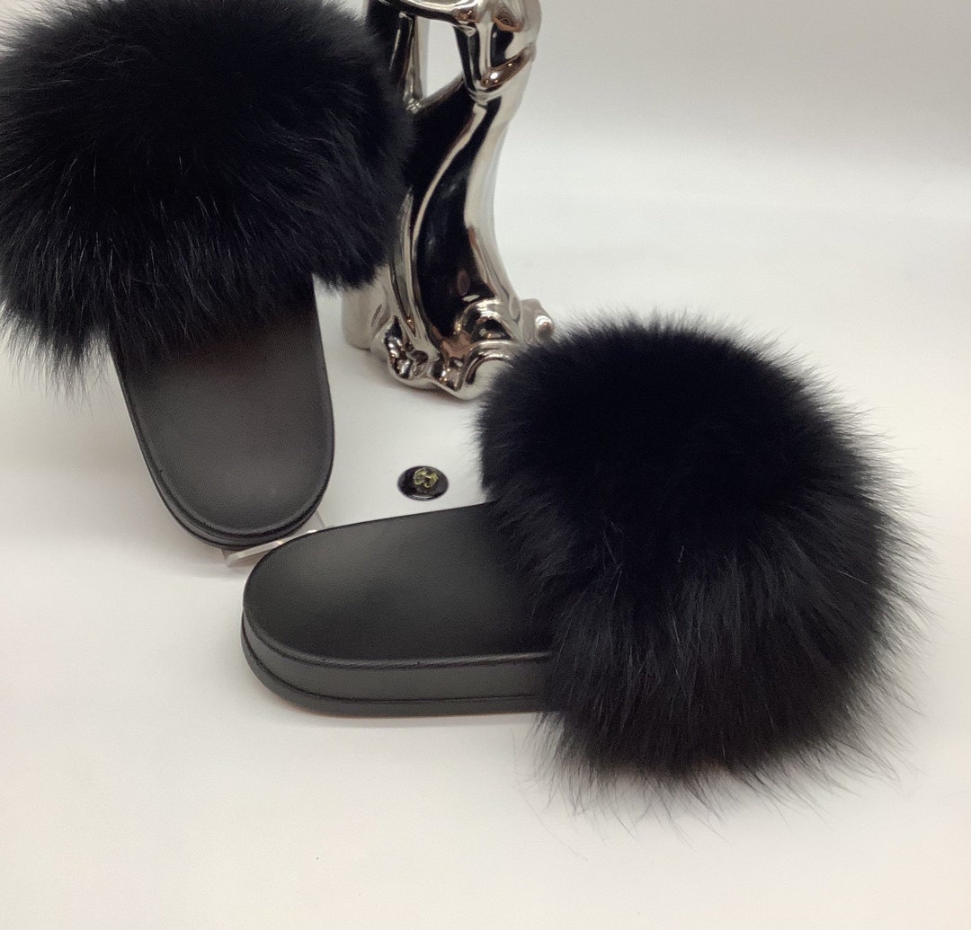 New Real Fur Slides Flip Flops Fur Sandals Fluffy Fox Fur Slippers ...