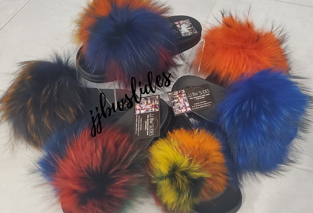 Real Fox Fur Slides, Raccoon Slippers, Blue Fluffy Fur Slides, Fur Flip ...