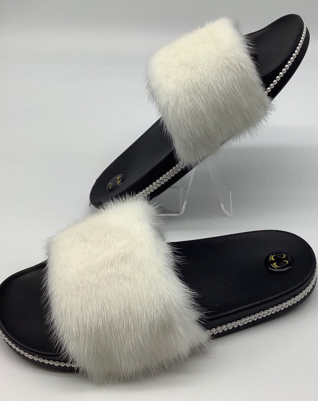Bridal Mink Fur Slippers Pearls Wedding Slippers Real Swarovski Pearls ...