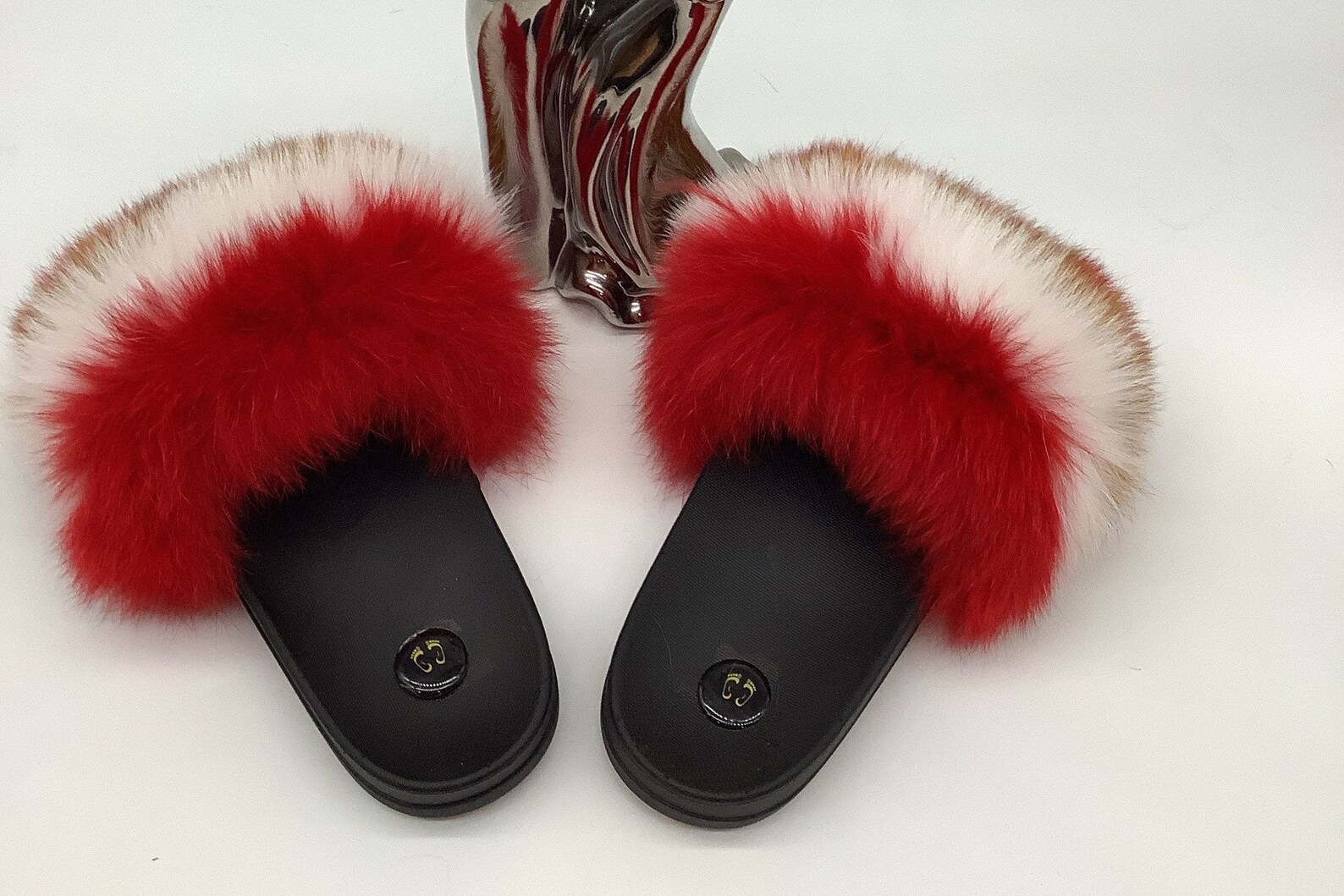 Real Fur Slides Fashion Fluffy Sandals shoes White Red Gold | Etsy