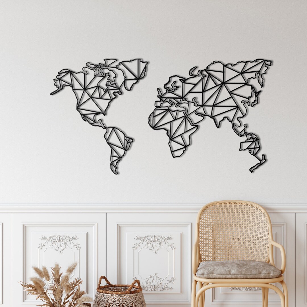 Metal World Map Wall Art, Metal Wall Decor, 2 Pieces Geometric World ...