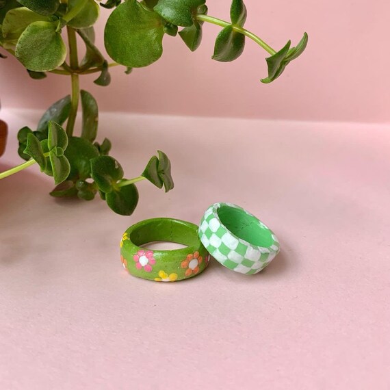 Cottagecore rings flowers and checkered rings Green clay | Etsy