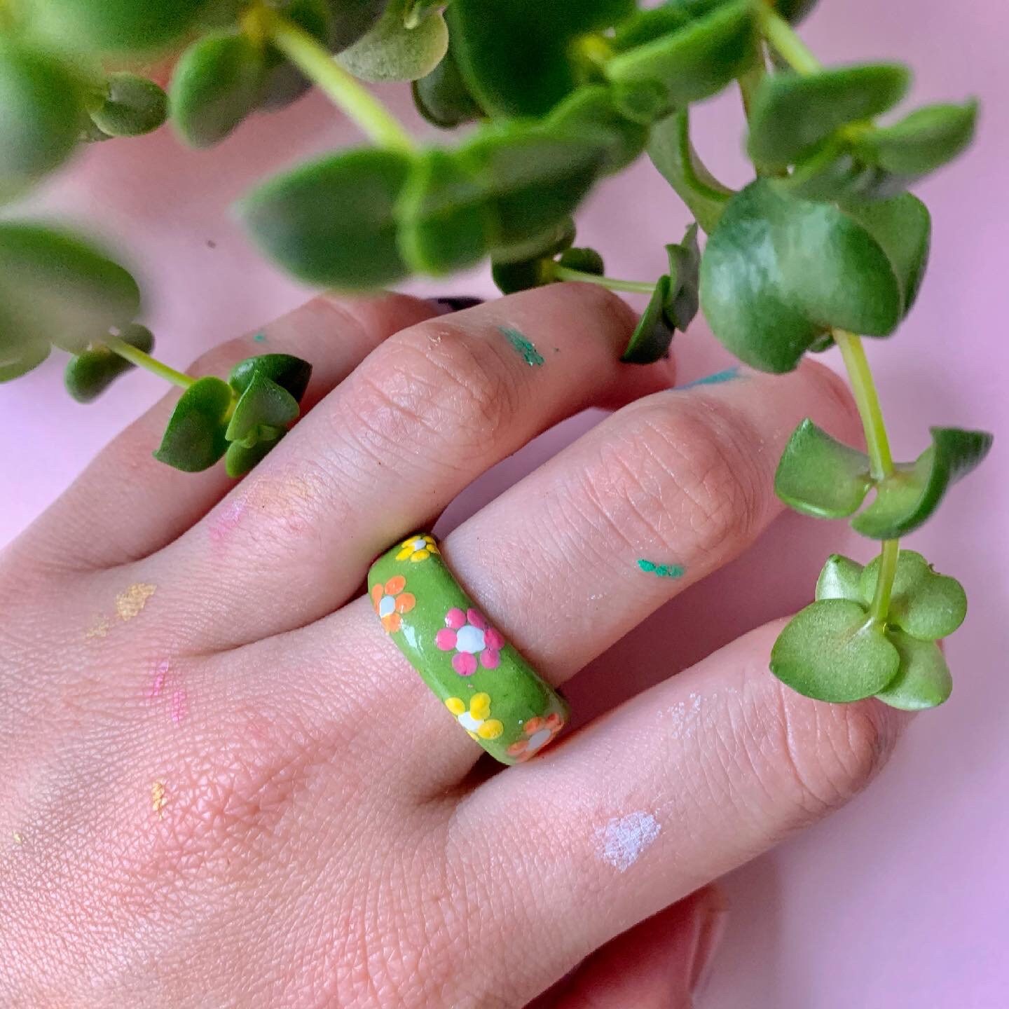 Cottagecore Rings Flowers and Checkered Rings Green Clay - Etsy Canada
