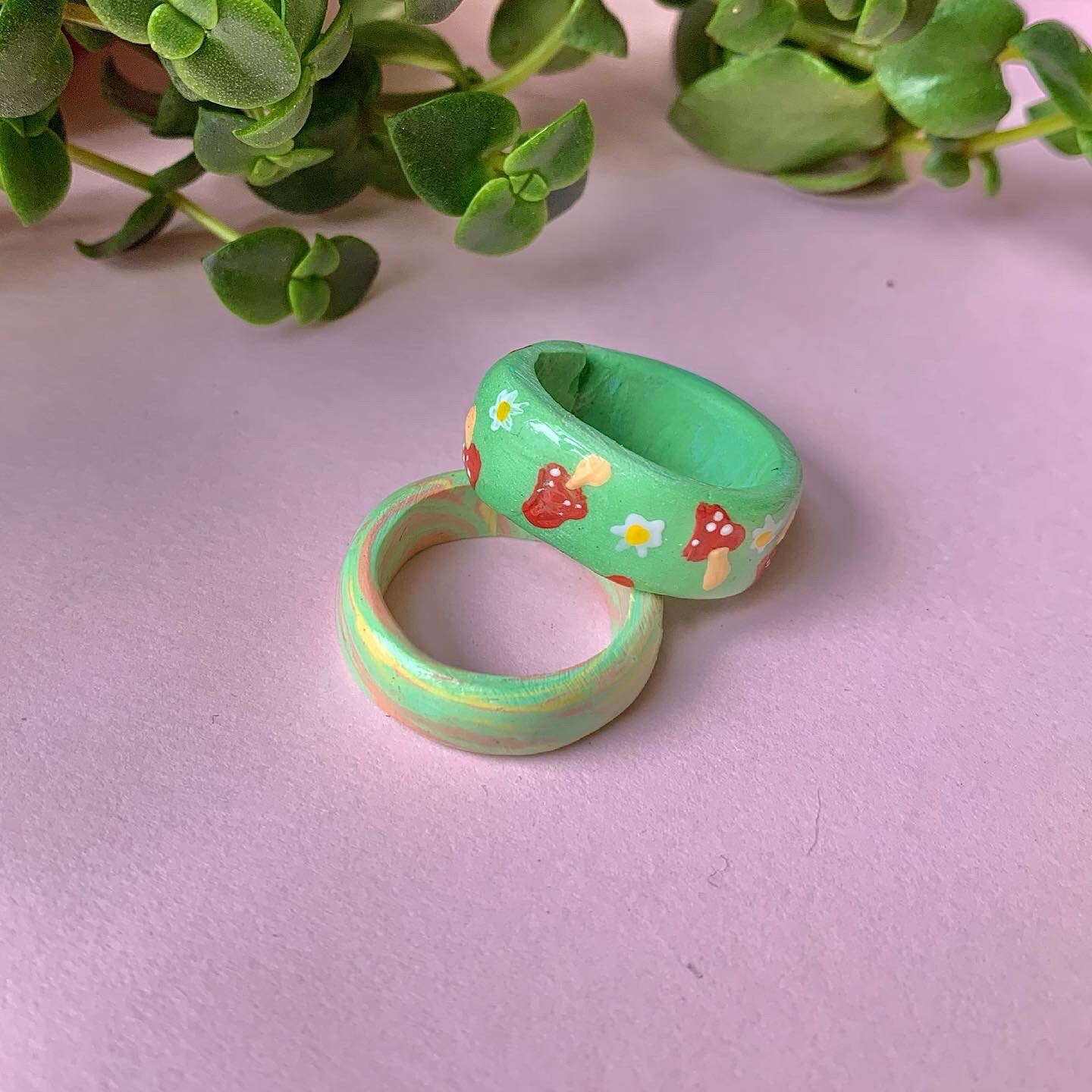 Cottagecore Rings Flowers and Checkered Rings Green Clay - Etsy Canada