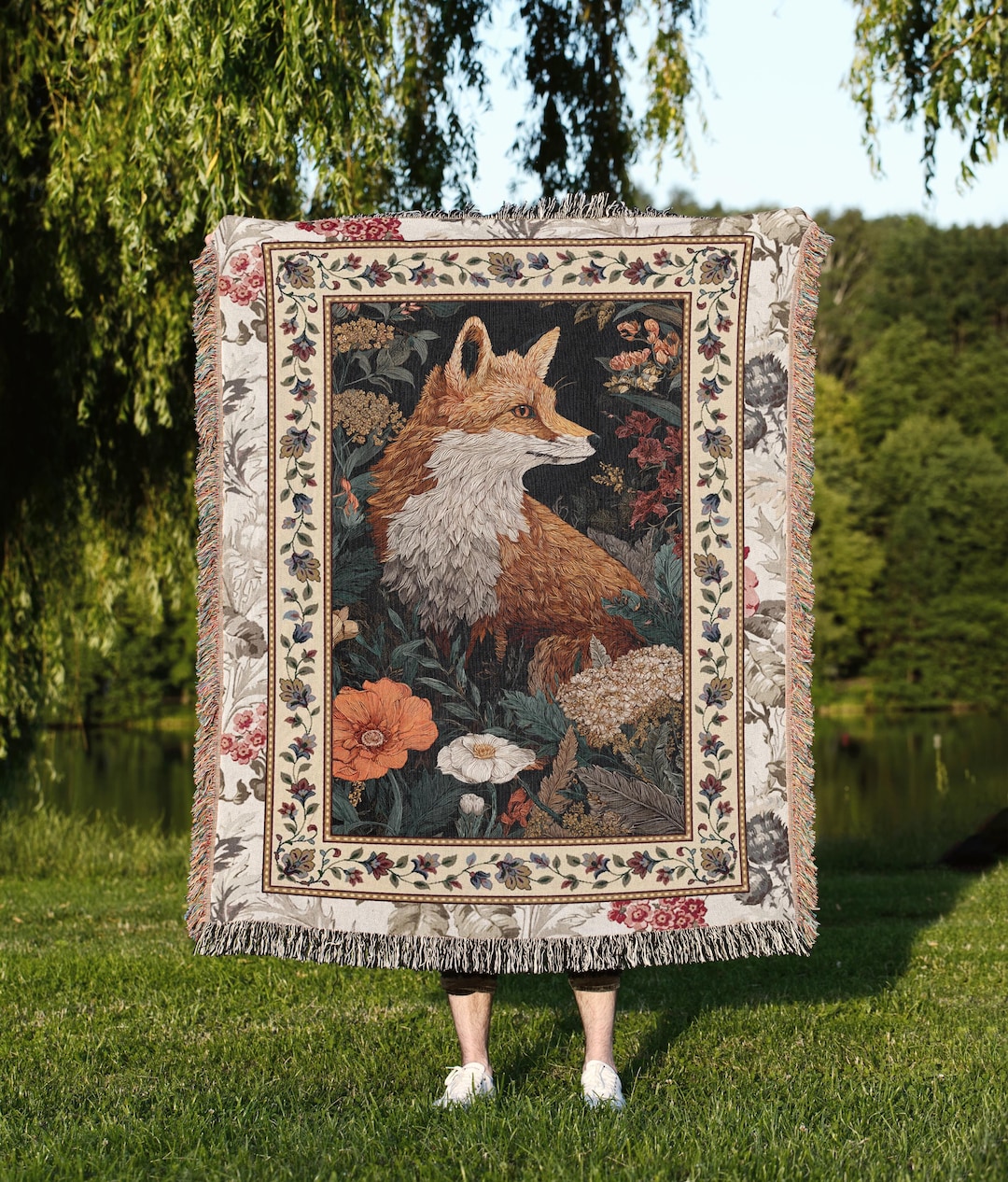 Forest Core Fox Woven Blanket, Woven Fox Throw, Woodland Decor, Cozy ...