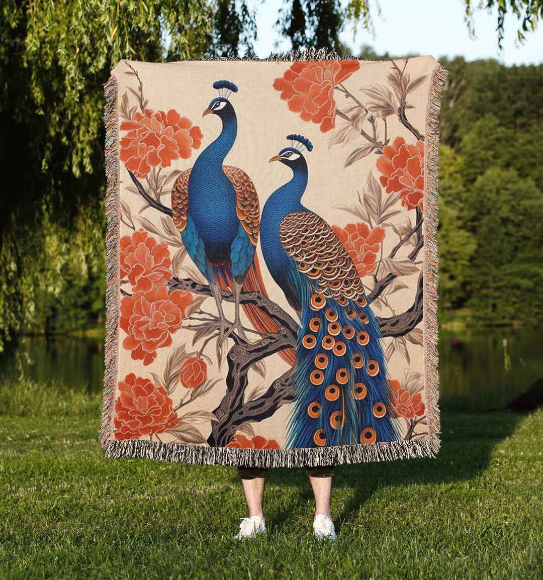 Cottagecore Peacock Woven Blanket, Peacock Decor, Nature Inspired Woven ...