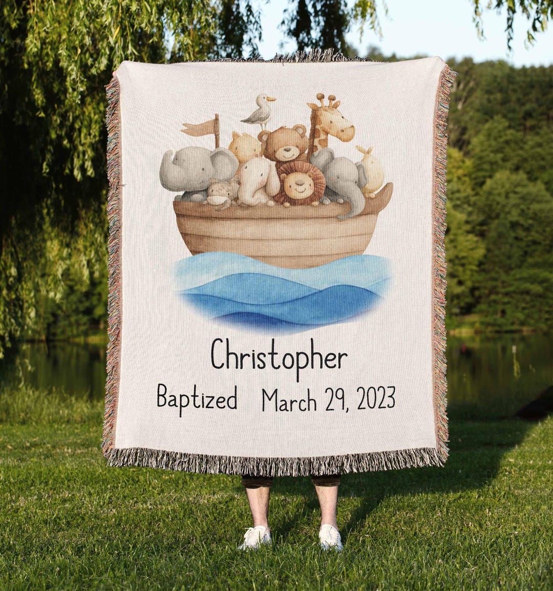 Personalized Noah's Ark Baptism Name Blanket, Custom Baby Gift ...