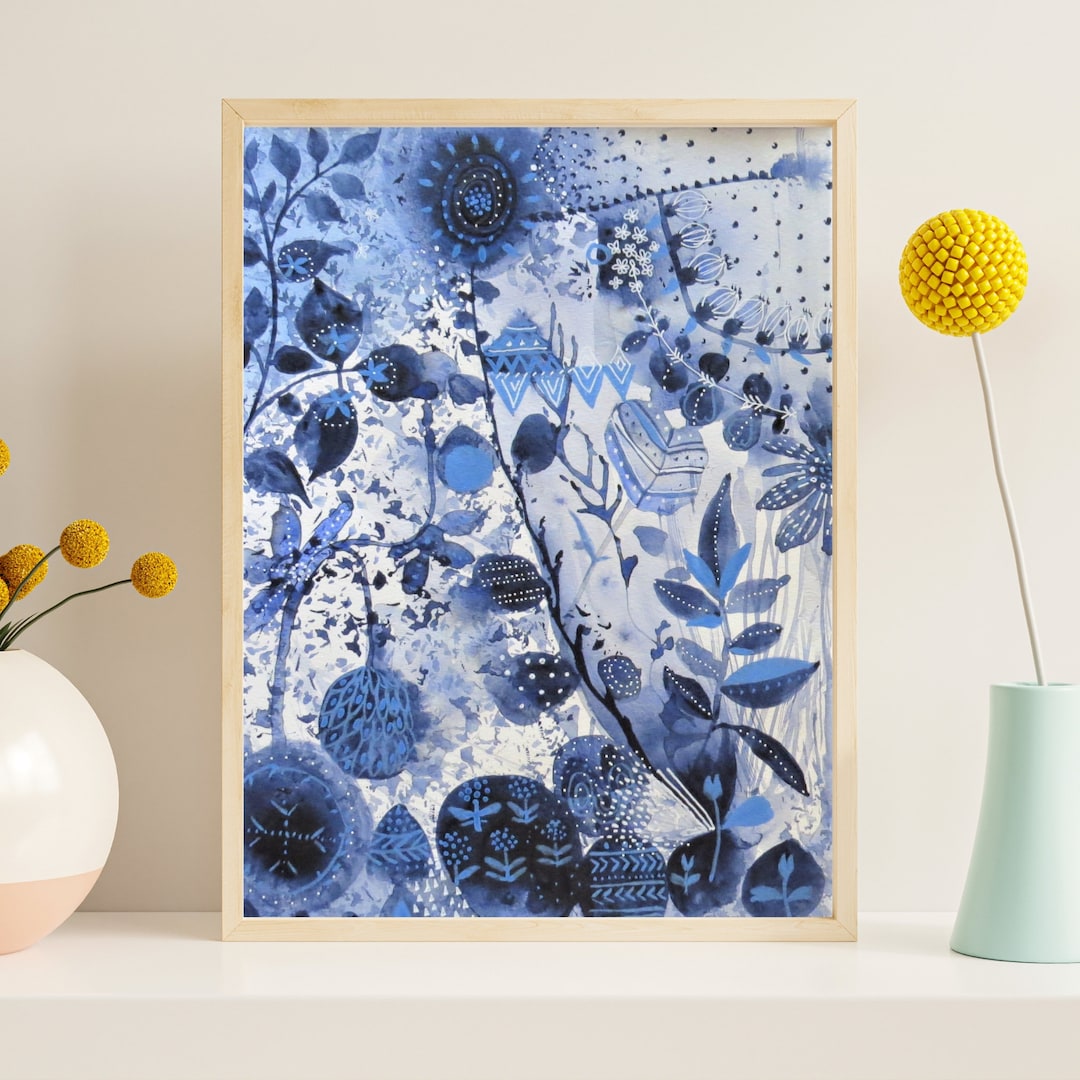Calm Boho Blue Abstract Wall Art | Indigo Handmade Painting | Peaceful ...